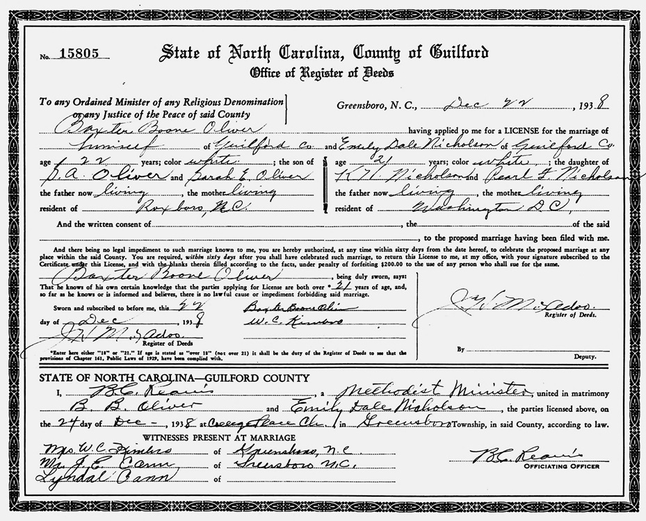 Documents: Oliver-Nicholson Marriage Certificate: The Reynolds Family