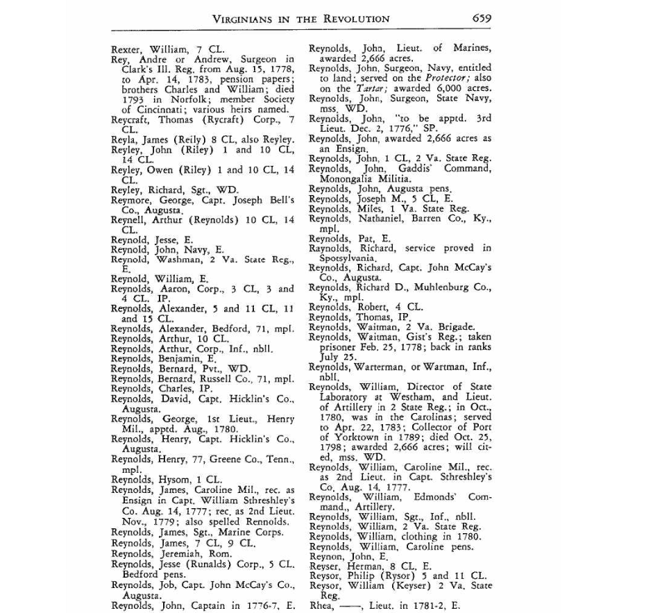 Documents: Virginians In The Revolution - Reynolds: The Reynolds Family