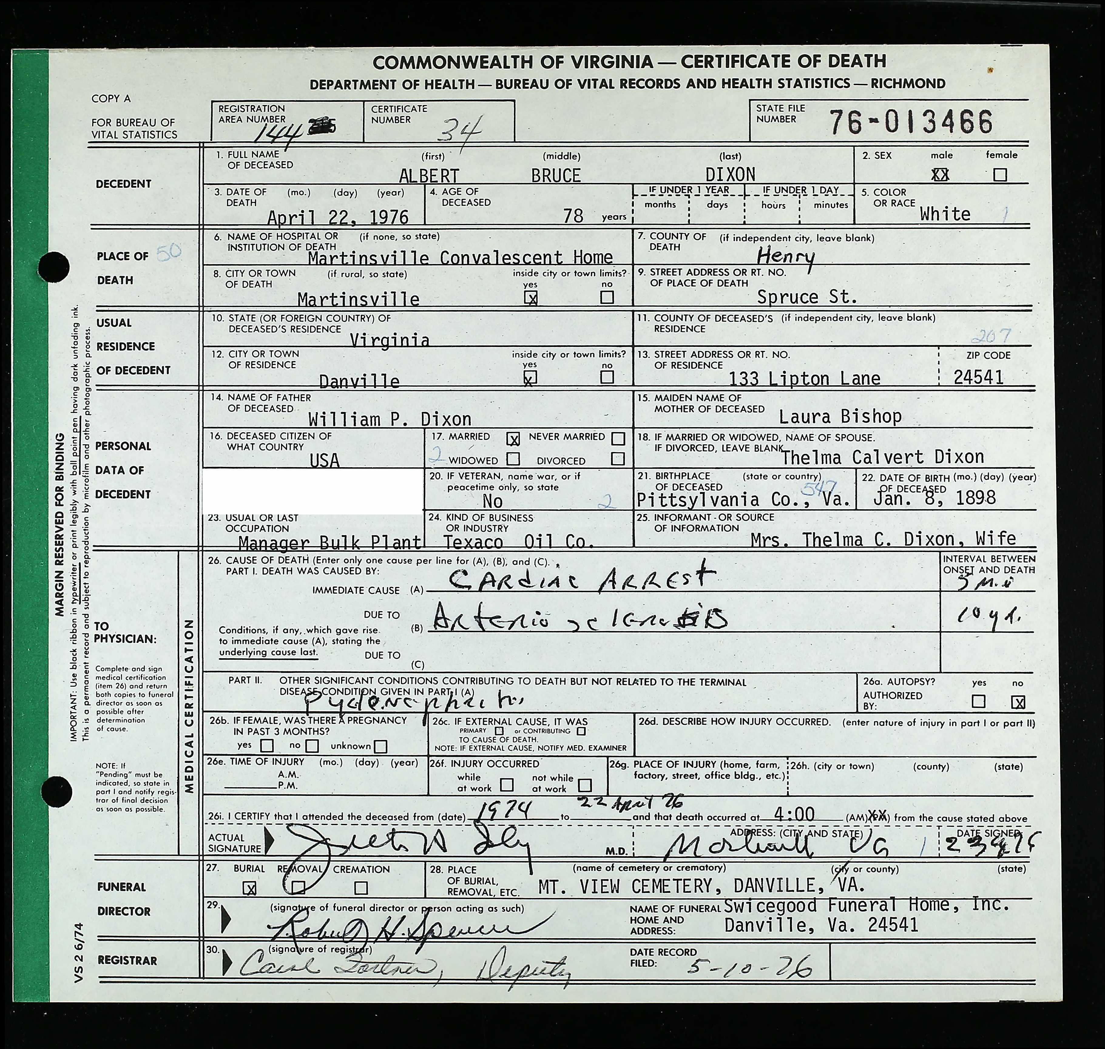 Documents: Death record: The Reynolds Family
