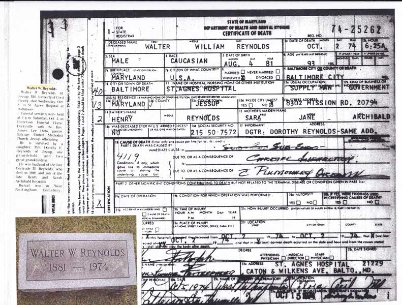 Documents: Death Certificate Walter William Reynolds: The Reynolds Family