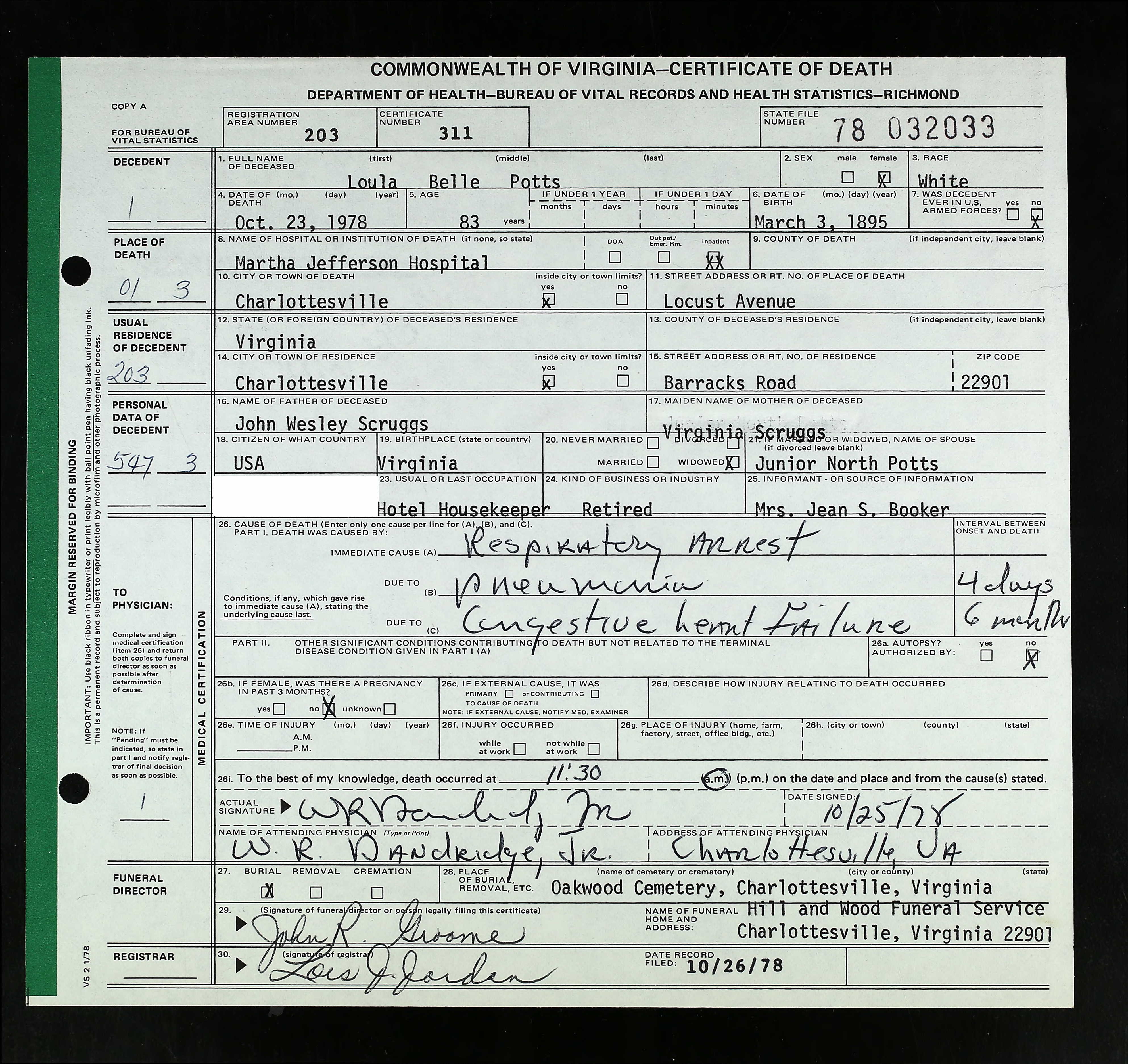 Documents: Death Certificate-Lula Bell Leavelle Potts: The Reynolds Family