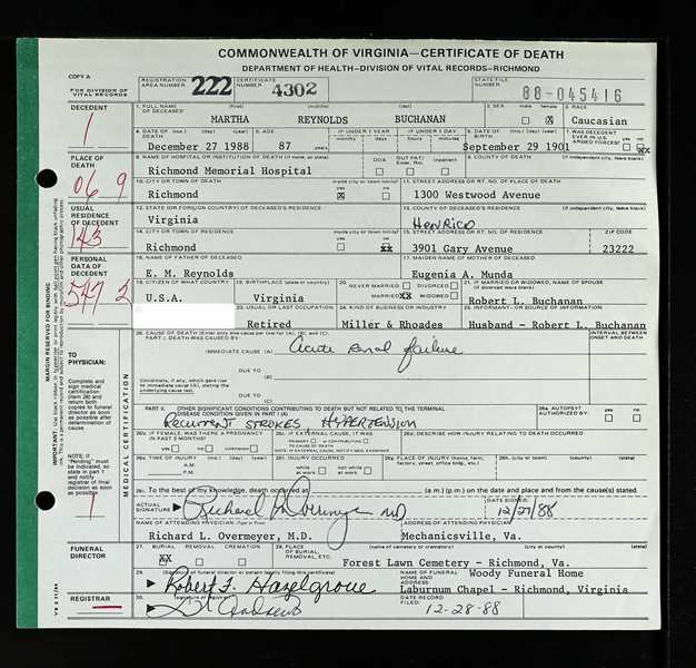 Documents: Death Certificate-Martha Washington Buchanan (nee Reynolds ...