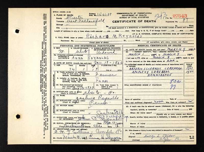 Documents: Death Certificate-Richard M. Reynolds: The Reynolds Family